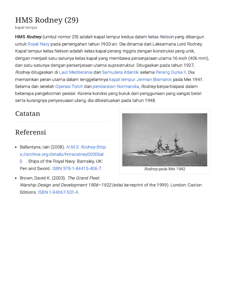 HMS Rodney (29) - Wikipedia Bahasa Indonesia, Ensiklopedia Bebas | PDF