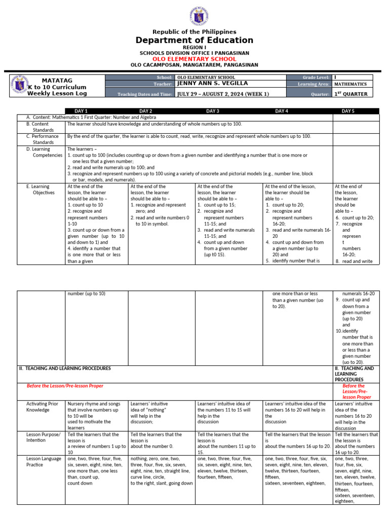 Final MATATAG Lesson-Exemplar Grade-1 Quarter-1 Week-1 | PDF