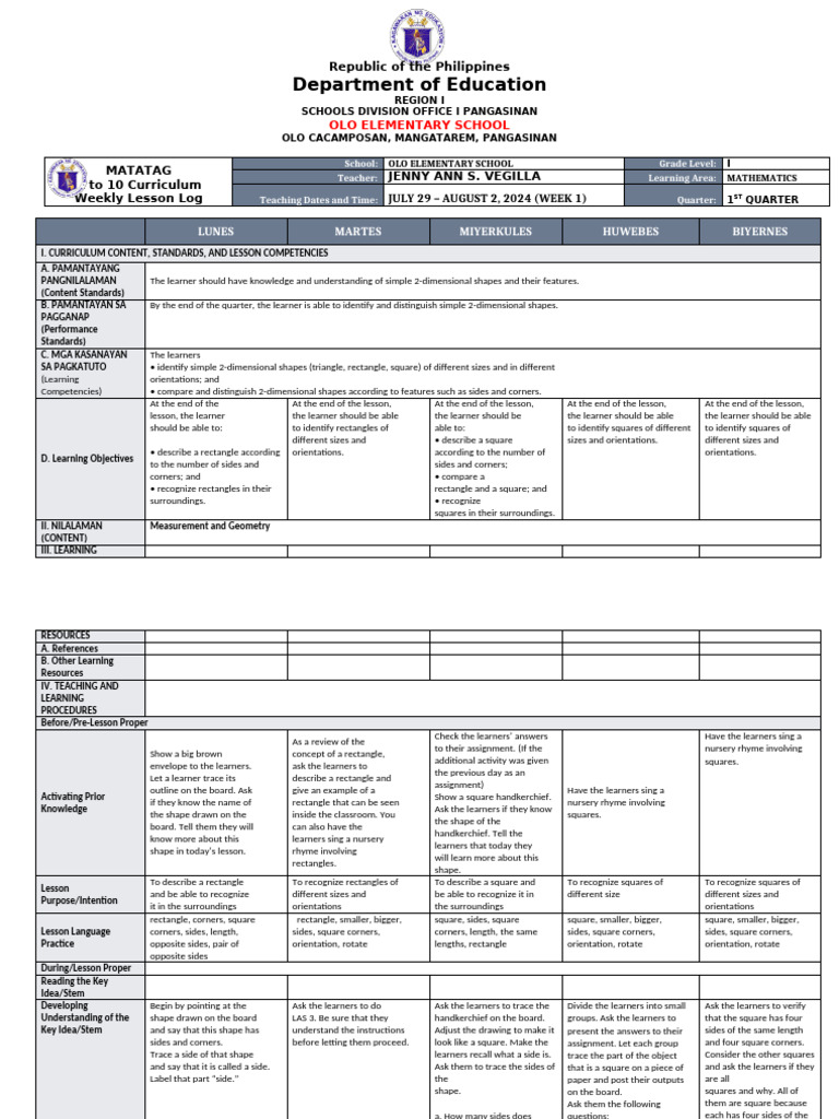 DLL Matatag - Mathematics 1 - Q1 - W1 | PDF