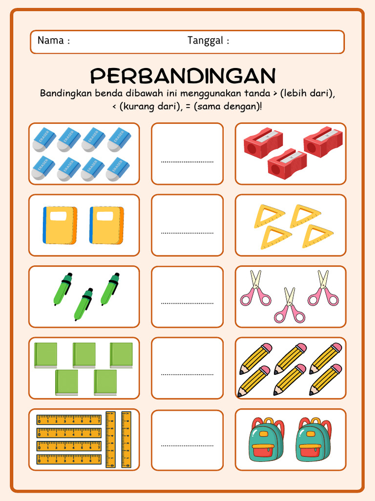 Oranye Ilustrasi Membandingkan Jumlah Benda Lembar Kerja Sekolah | PDF