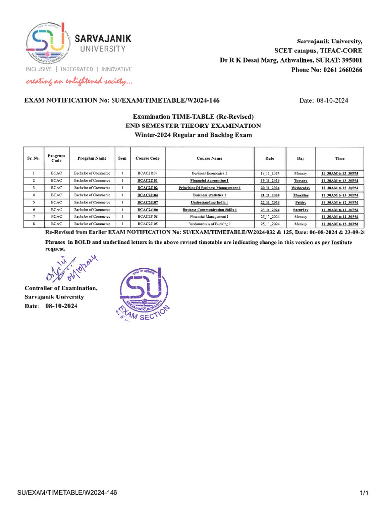 SCCCA B.com Sem 1 Time Table Notification Regular and Backlog Exam W2024 146 (Re-Revised) | PDF