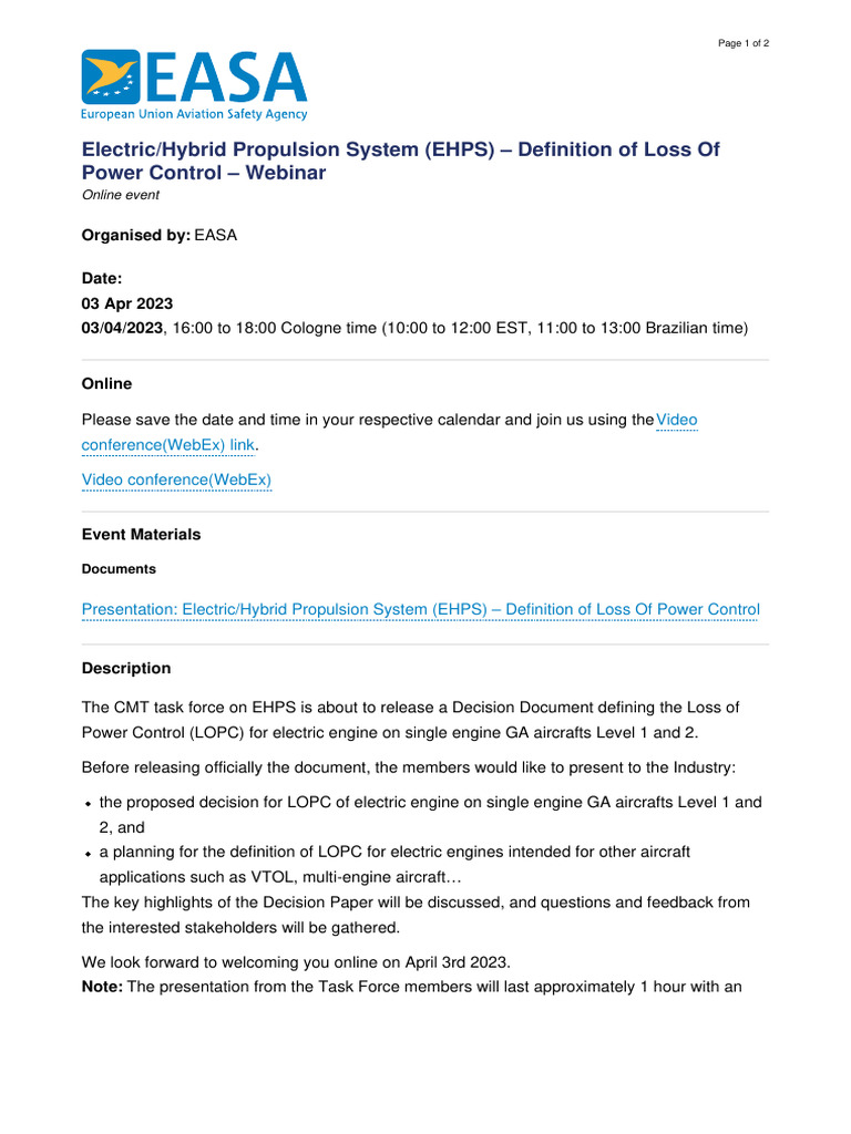 EASA - ElectricHybrid Propulsion System EHPS Definition of Loss of Power Control Webinar | PDF