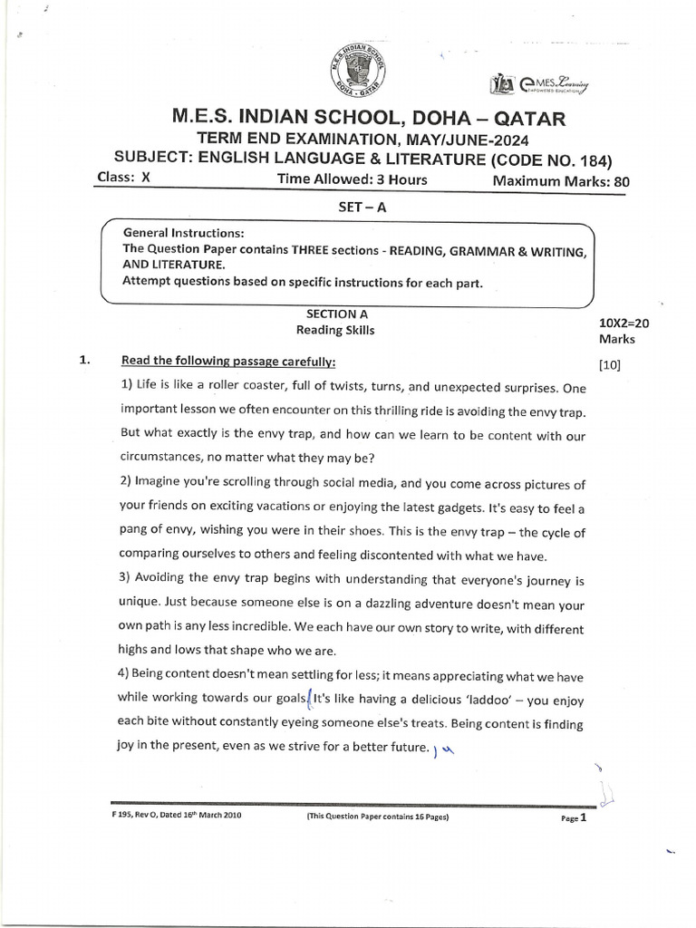 CBSE - English - Class - 10 First Term May - June - 2024 | PDF