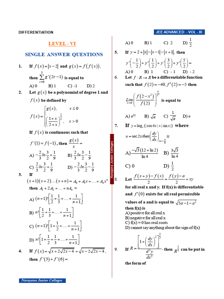 XII - Maths - Chapter 8 - Differentiation - (LEVEL-VI) - 11.03.2015 (49-57) | PDF