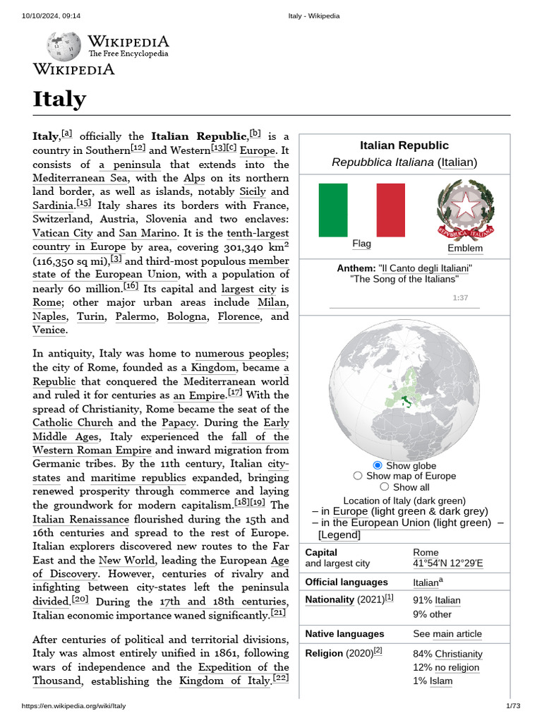 Italy - Wikipedia | PDF