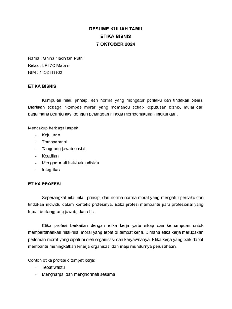 Resume Kuliah Tamu Etika Bisnis - Ghina Nadhifah Putri | PDF