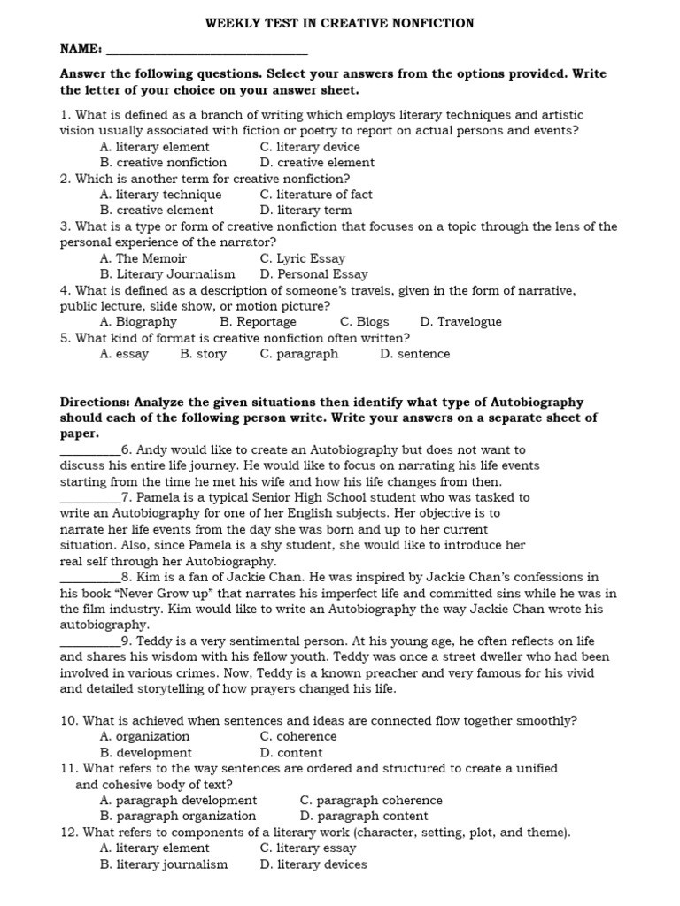Weekly Test in Creative Nonfiction | PDF | Creative Nonfiction | Human ...