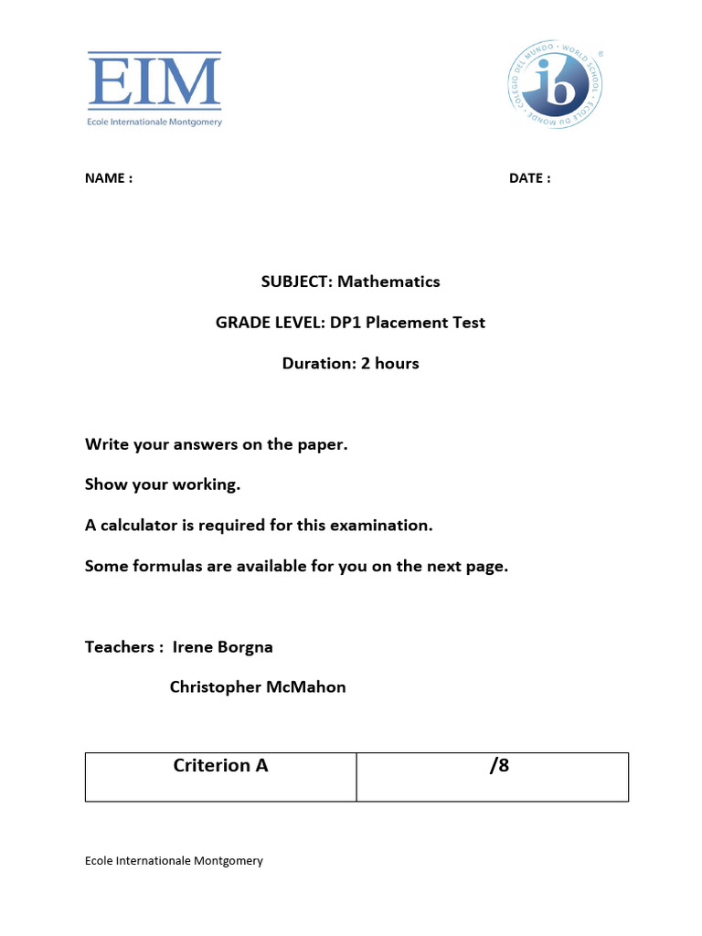 DP1 Maths Entrance Exam | PDF
