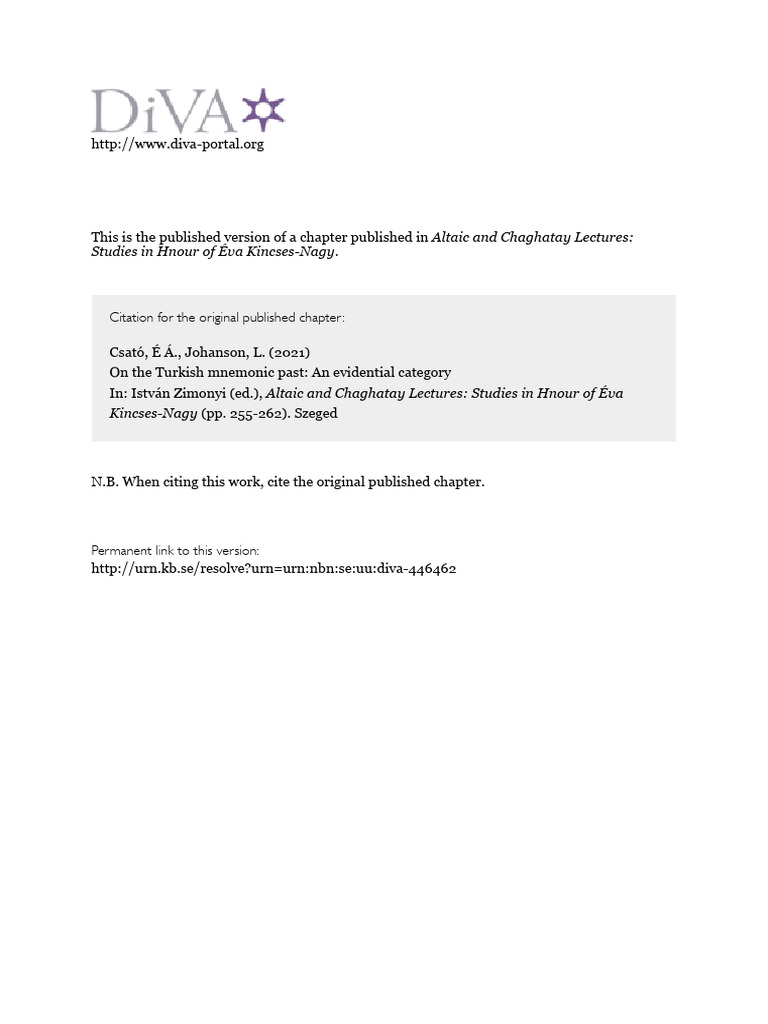 On The Turkish Mnemonic Past, An Evidential Category - Lars Johanson and Éva Á. Csat | PDF