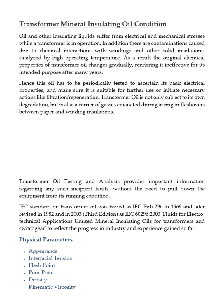 Transformer Mineral Insulating Oil Condition | PDF | Science ...