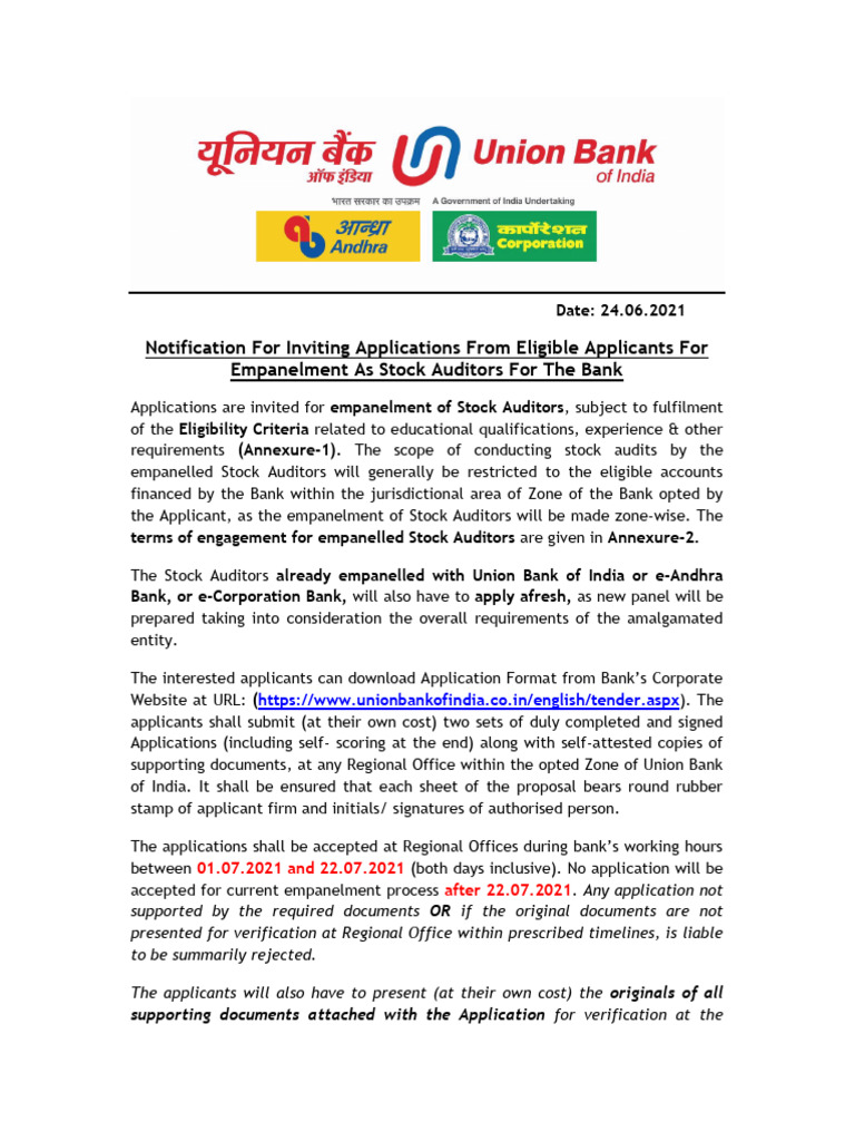 Union Bank of India Notification For Stock Audit Empanelment | PDF