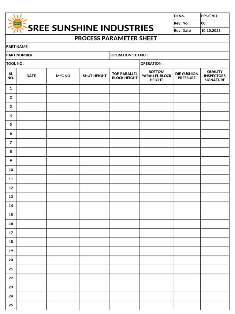 Process Parameter Sheet | PDF