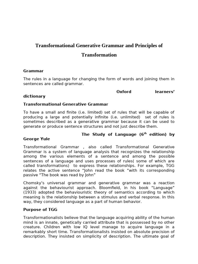 Transformational Generative Grammar and Principles of Transformation | PDF