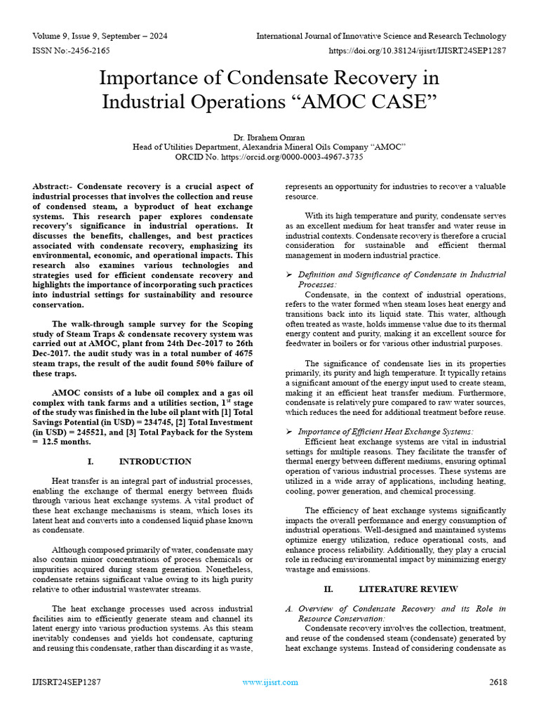 Importance of Condensate Recovery in Industrial Operations "AMOC CASE" | PDF | Heat Exchanger ...