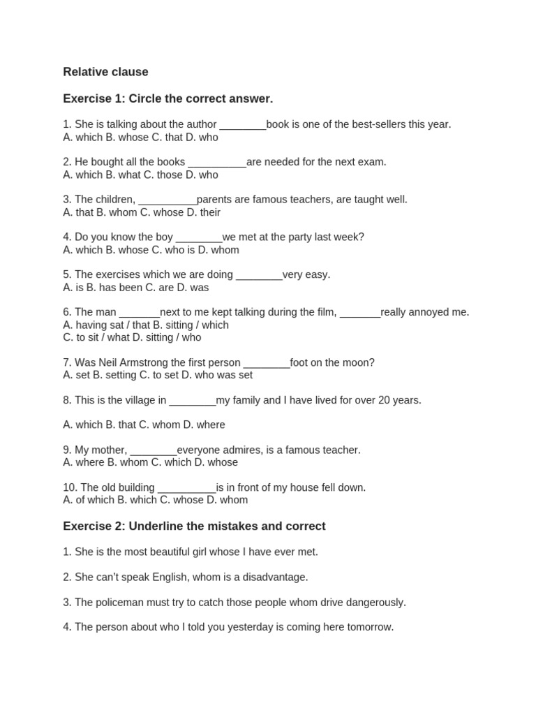 Unit 3 - Relative Clause Exercise | PDF