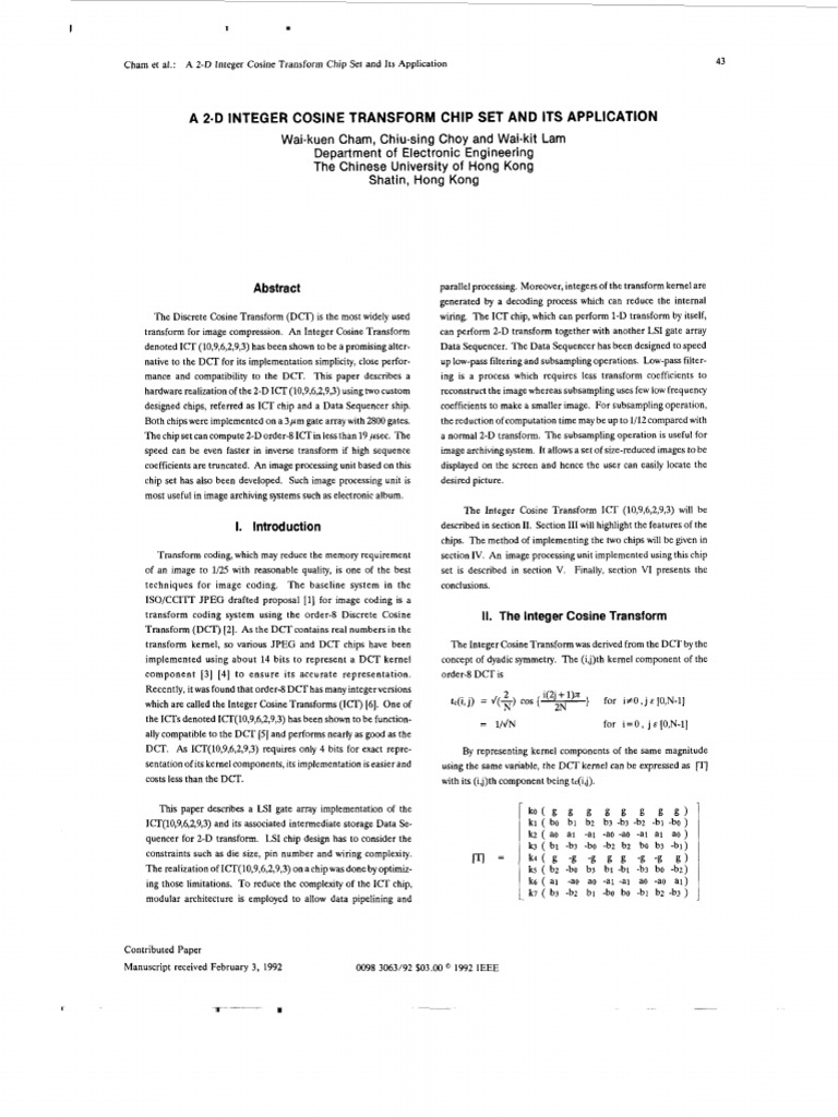 A 2-D Integer Cosine Transform Chip Set and Its Application | PDF