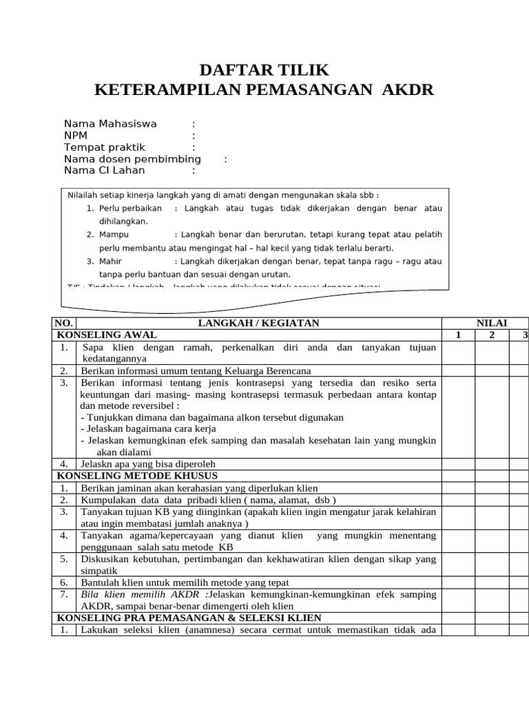 Daftar Tilik Pemasangan IUD | PDF