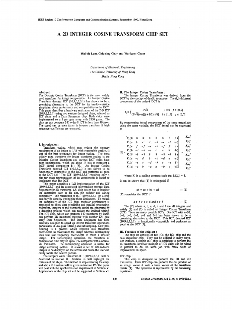 A 2D Integer Cosine Transform Chip Set | PDF