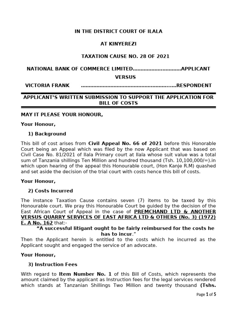 Bill of Costs-Submission Bill - NBC V Victoria Frank | PDF