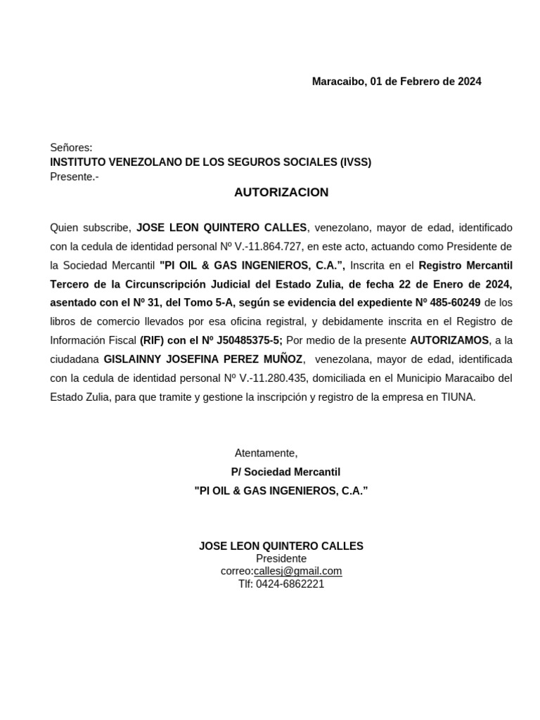 AUTORIZACION ANTE EL IVSS | PDF