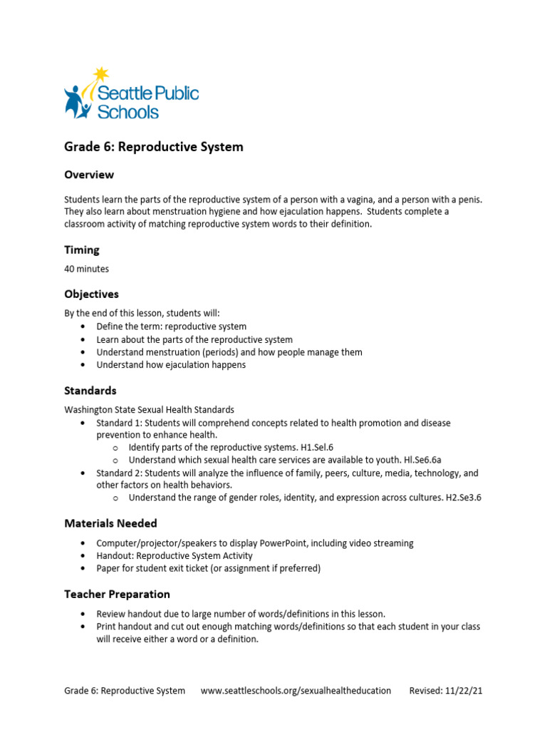 6th Grade Reproductive System Lesson Plan ADA | PDF