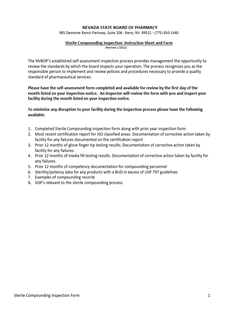 Sterile Compounding Inspection Form Updated 3.25.20 | PDF