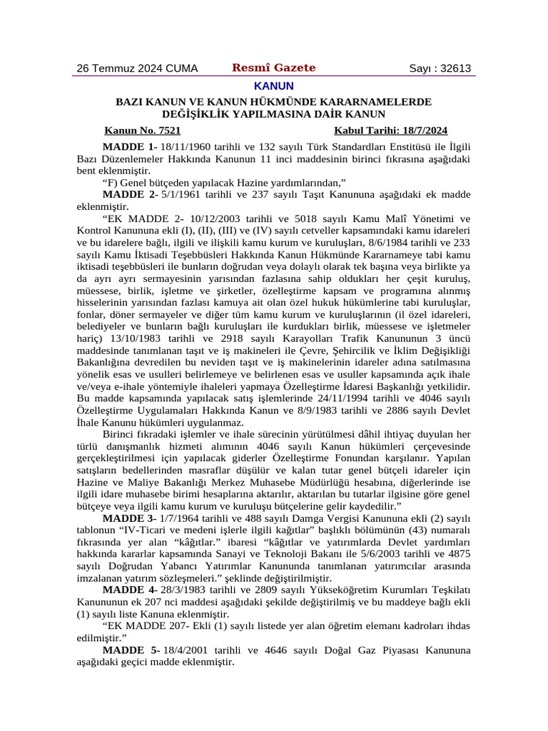 Bazi Kanun Ve Kanun Hukmunde Kararnamelerde Degisiklik Yapilmasi Hakkinda Kanun | PDF