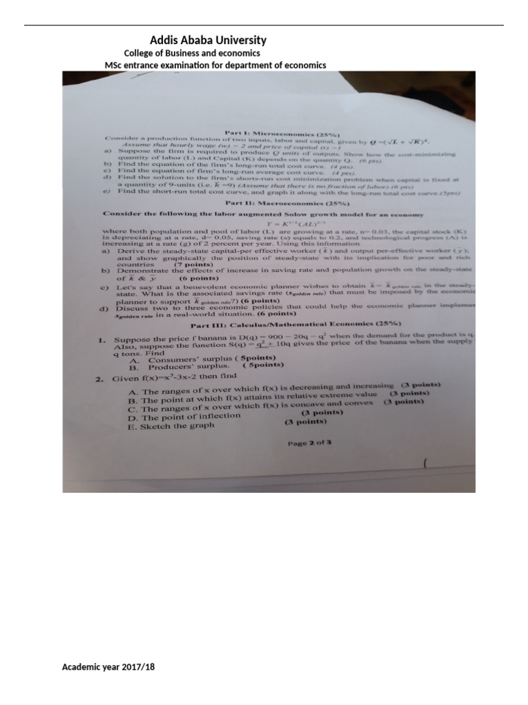 2017 AAU Entrance Exam - MSC in Economics | PDF