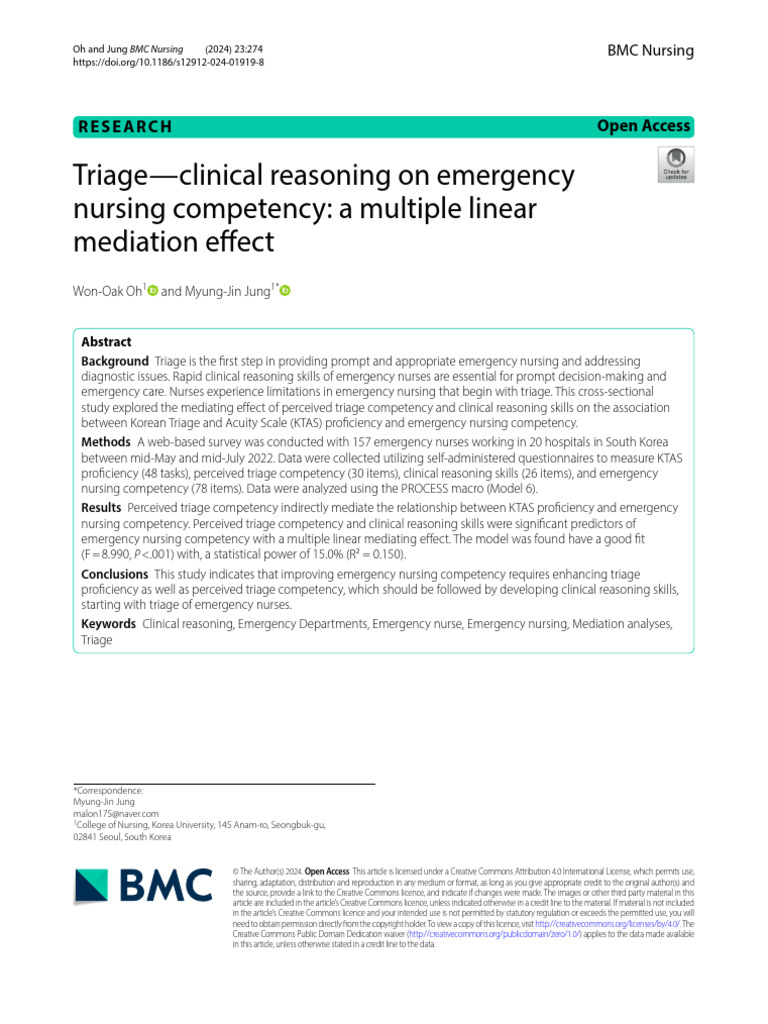 Triage-Clinical Reasoning On Emergency Nursing Competency: A Multiple Linear Mediation Effect | PDF
