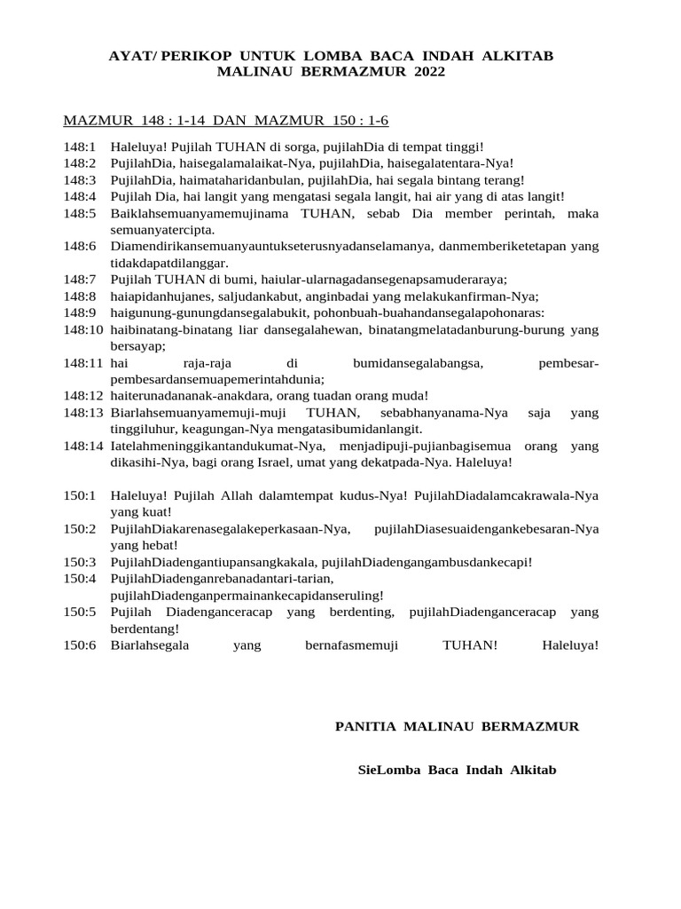 AYAT - PERIKOP UNTUK LOMBA BACA INDAH ALKITAB | PDF