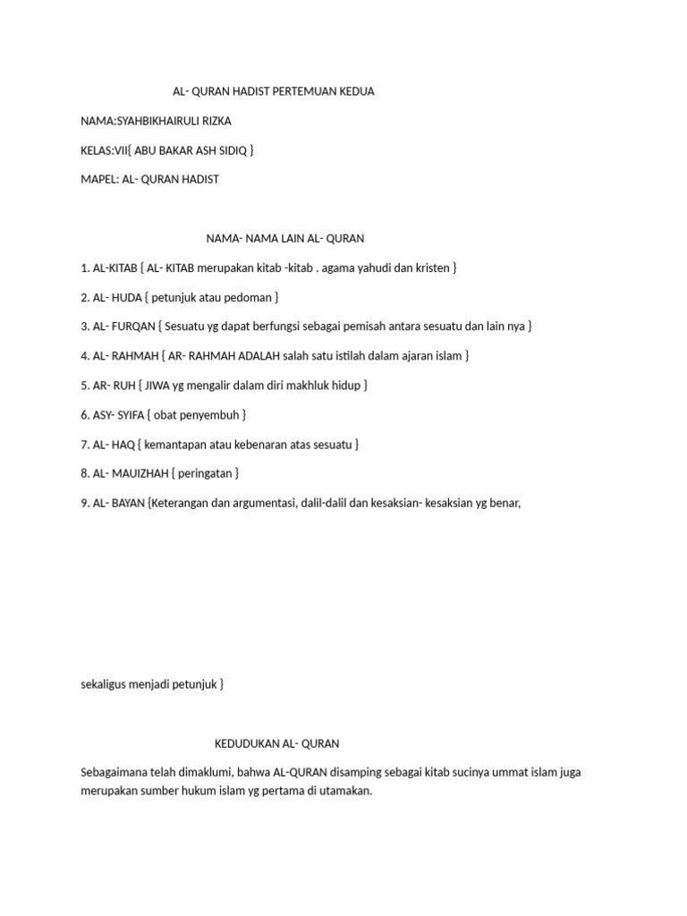 Catatan Al - Quran Hadist | PDF