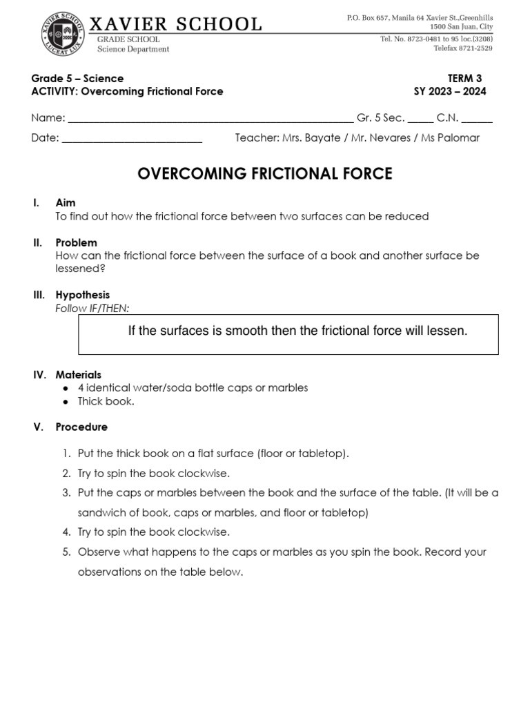 Overcoming Frictional Force WS | PDF | Friction | Language Arts ...