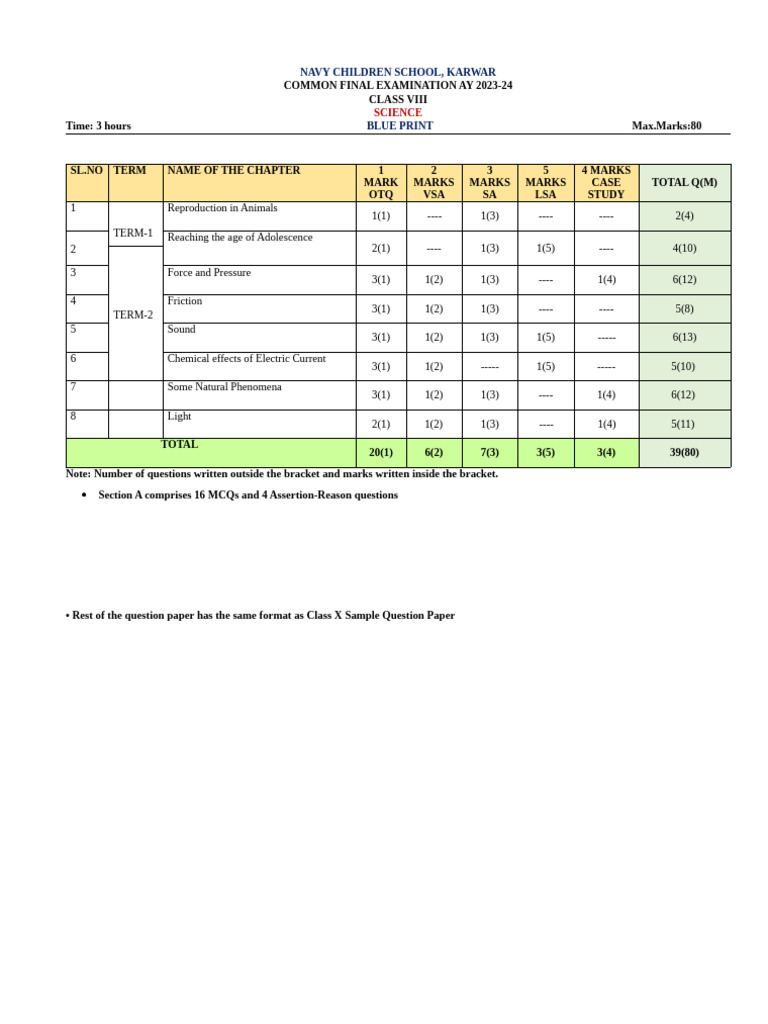 Class VIII Blue Print NCS CFE | PDF