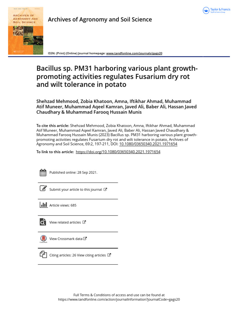 Bacillus Sp. PM31 Harboring Various Plant Growth-Promoting Activities ...