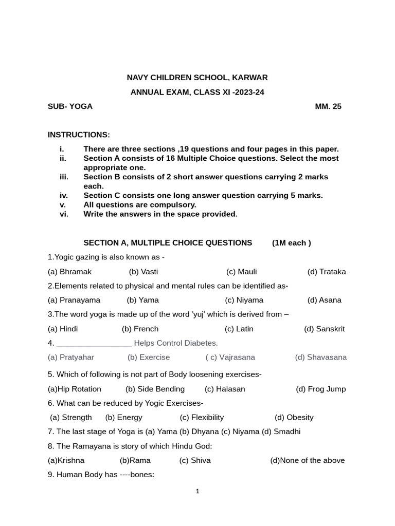 Class 11 Yoga Mock QP | PDF