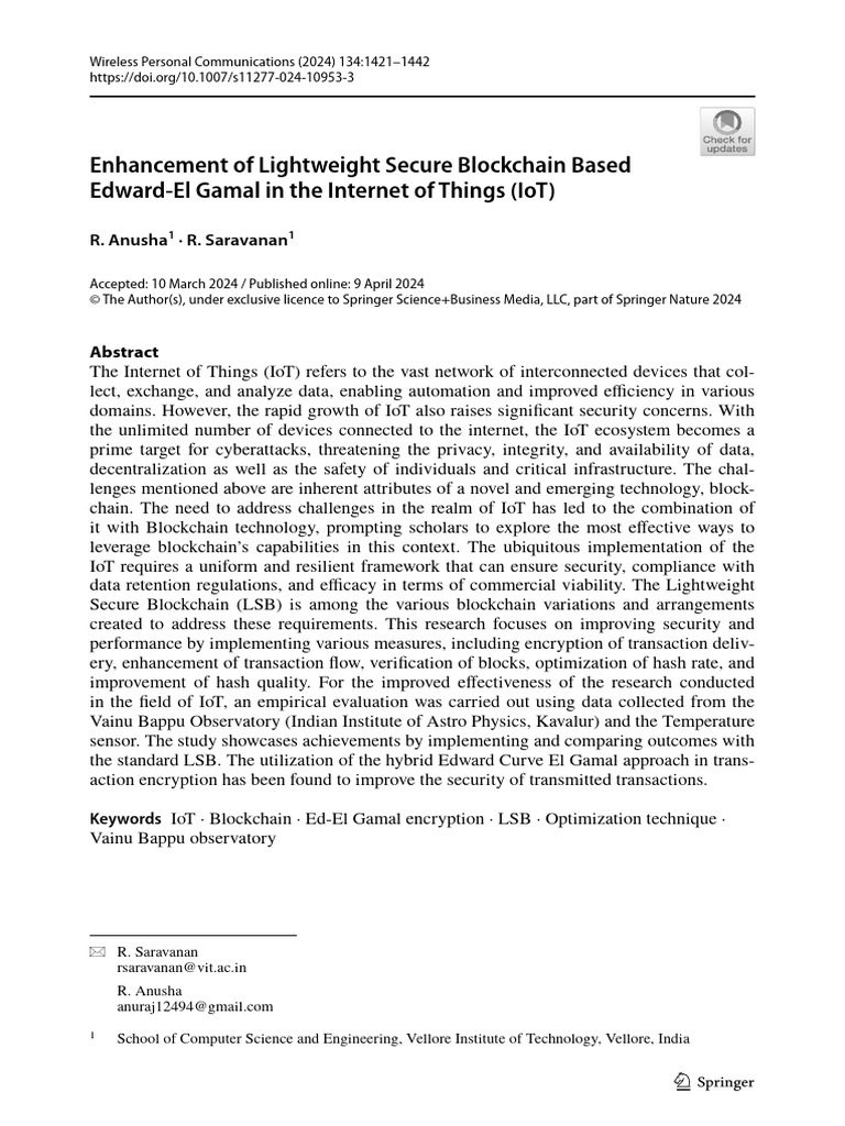 Enhancement of Lightweight Secure Blockchain Based Edward El Gamal in The Internet of Things ...
