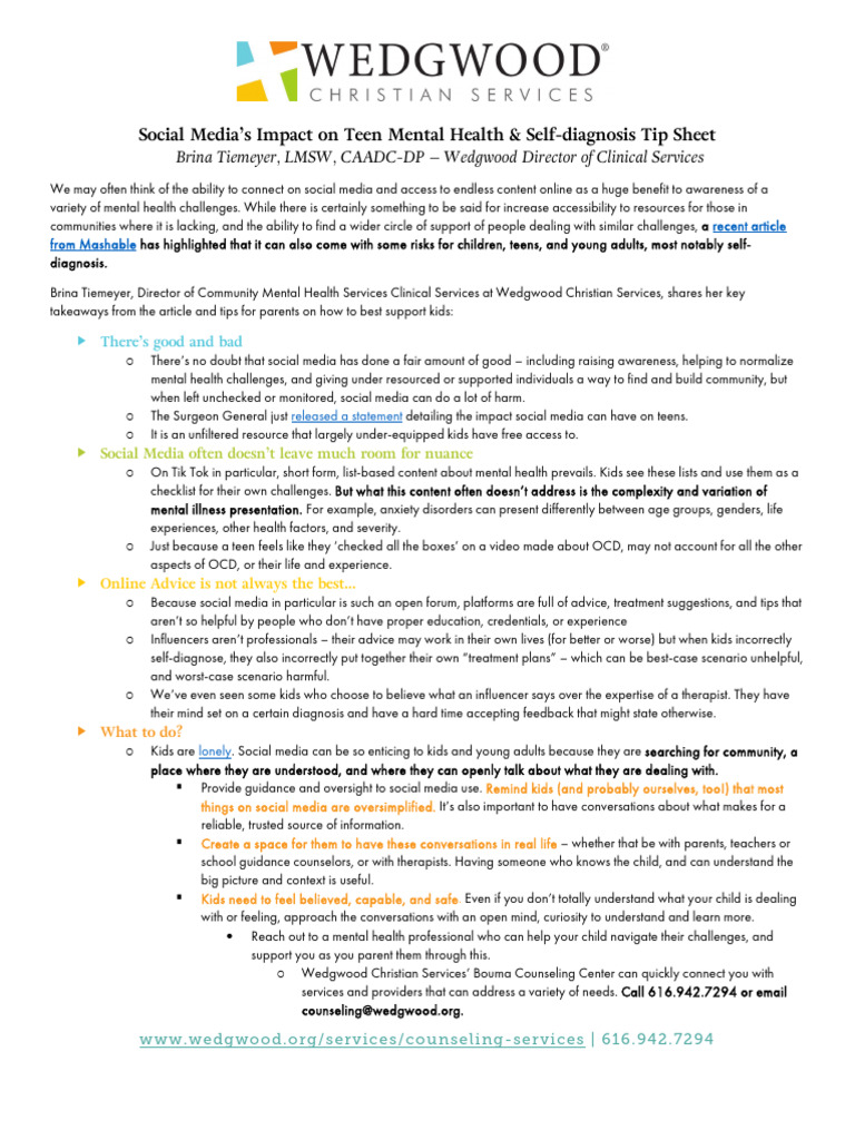 Impact of Social Media & Self-Diagnosis Tip Sheet | PDF | Obsessive–Compulsive Disorder | Mental ...