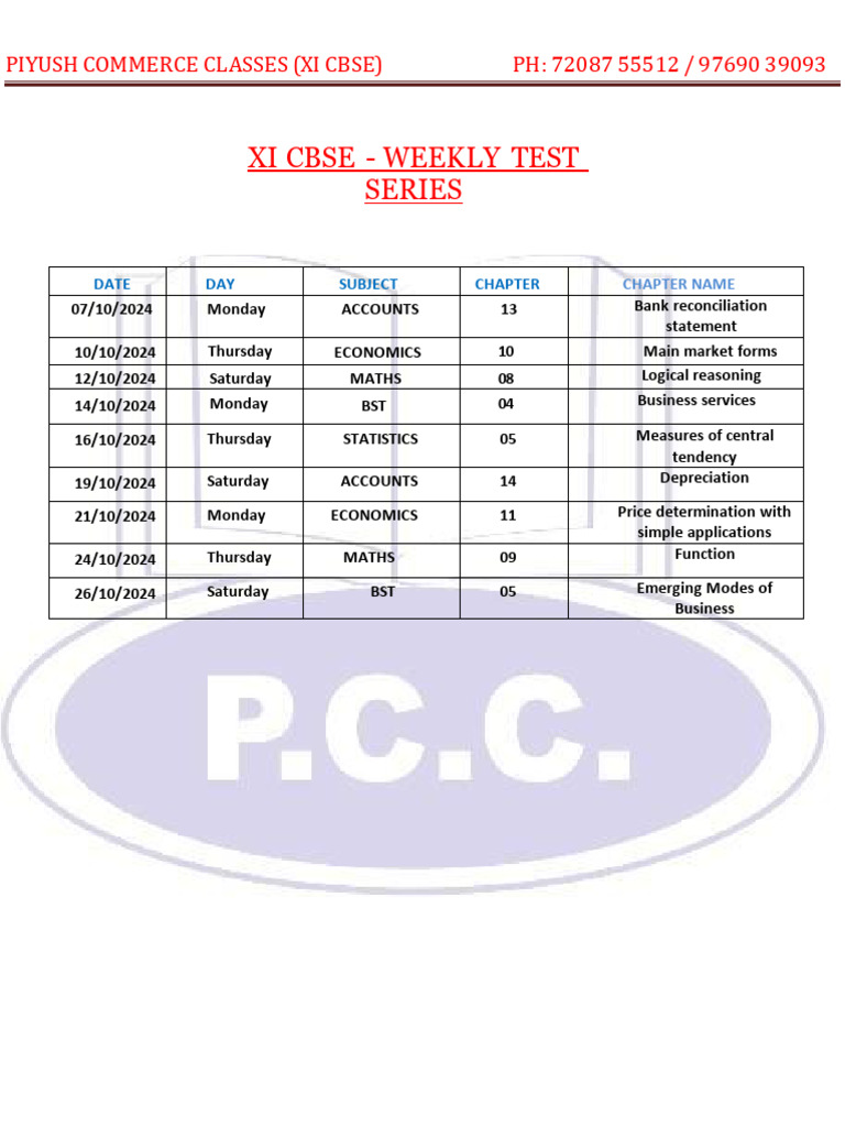 Xi Cbse Weekly Test Series | PDF