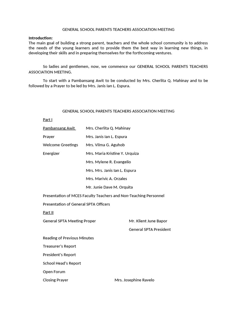 General School Parents Teachers Association Meeting | PDF