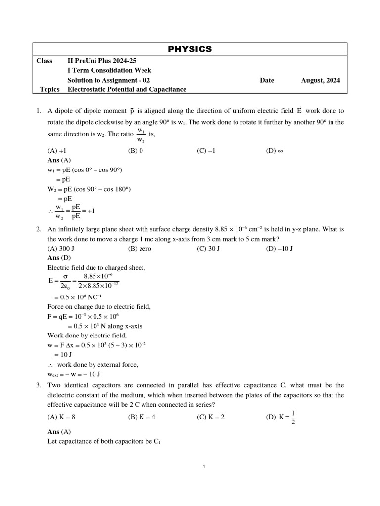 2-Assignment - Con. 1 - Electrostatic Potential and Capacitance - Q + Soln | PDF