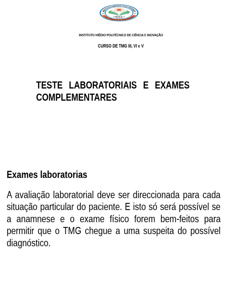 Aula 17 Teste Laboratoriais e Exames Complementares | PDF