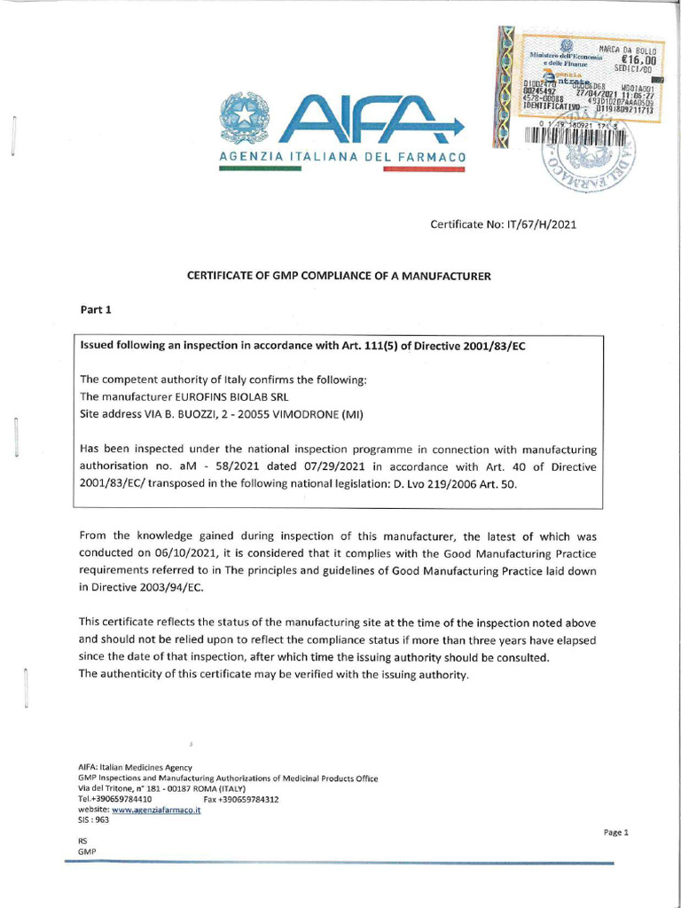 GMP Certificate 2021 Compressed | PDF