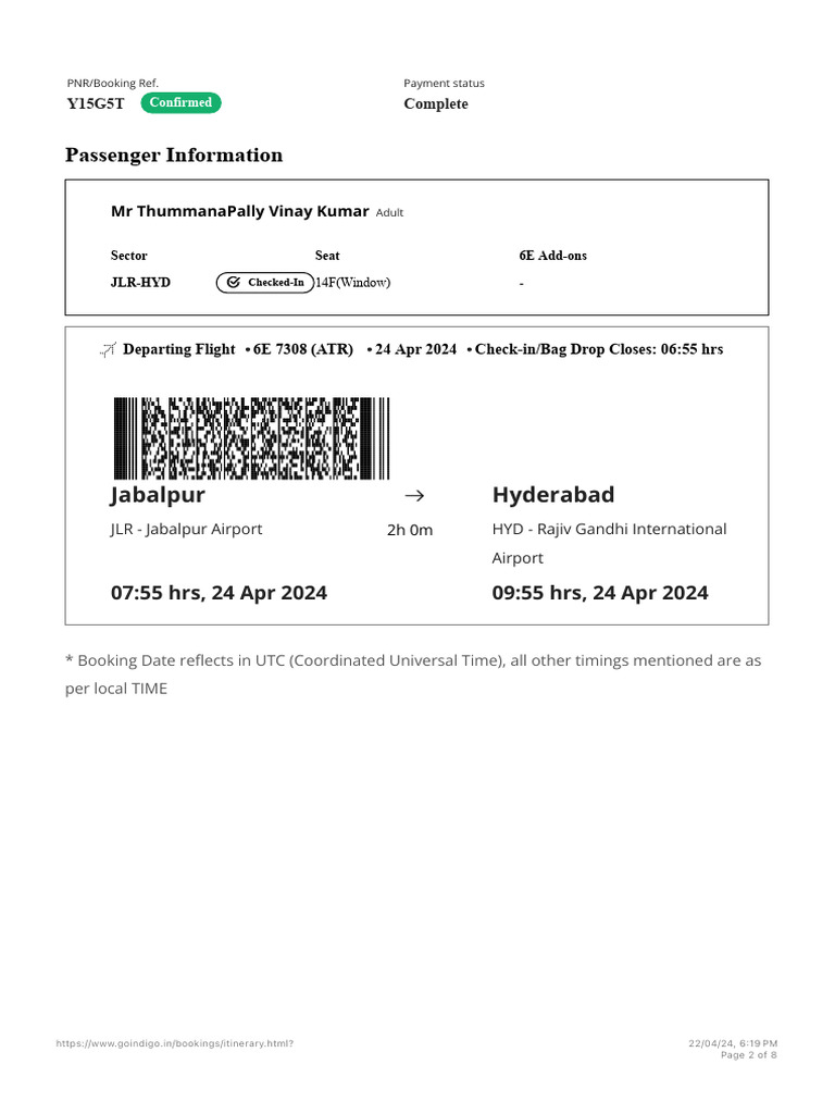 JLR To Hyd Ticket | PDF