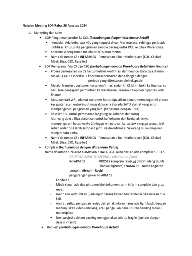 Notulen Meeting SOP Rabu | PDF