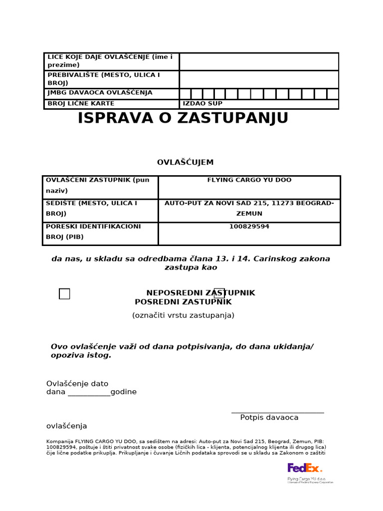 Isprava o Zastupanju Fizička Lica Sa Uputstvom | PDF