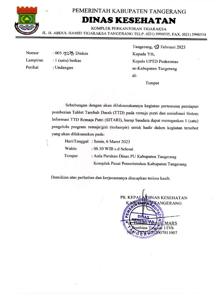 Surat Undang Evaluasi TTD Rematri Utk Puskesmas | PDF