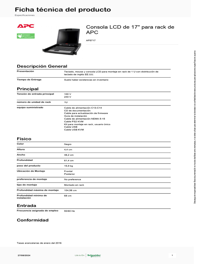 Schneider Electric NetShelter Rack LCD Consoles AP5717 | PDF