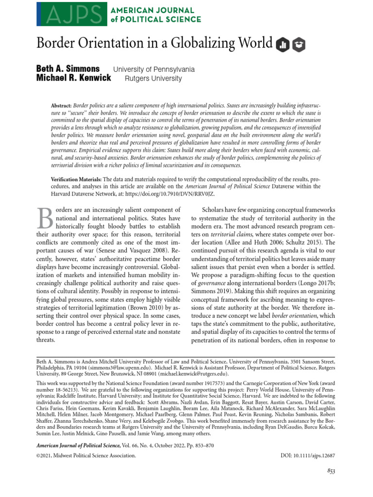Border Orientation in A Globalizing World: Beth A. Simmons Michael R ...