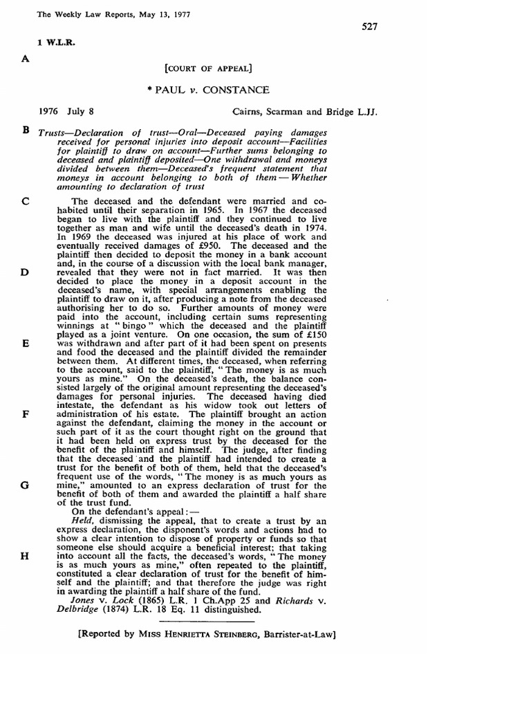 PAUL v. CONSTANCE (1977) 1 WLR 527 | PDF