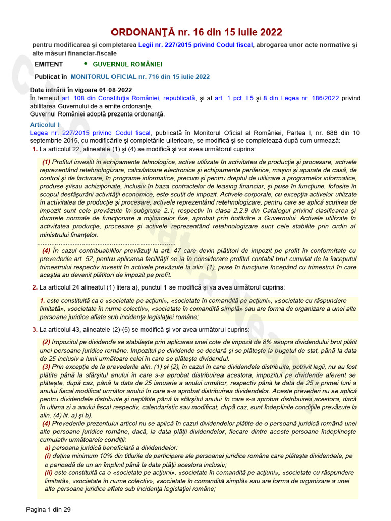14 ORDONANTA Nr. 16 Din 15 Iulie 2022-Modificare - Cod - Fiscal | PDF